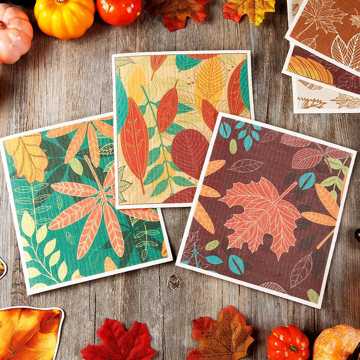 GreenPine 6 Pcs Fall Swedish Kitchen Dishcloths Thanksgiving Kitchen Dish Towel Autumn Leaves Reusable Washable Cotton Cloth Absorbent Dish Cloth for Kitchen Washing Cleaning