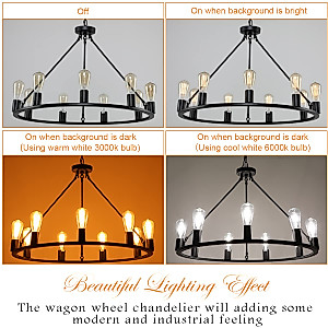 Senyshilon Wagon Wheel Chandelier 9-Light Farmhouse Chandelier, Dia 32'' Industrial Pendant Light Fixture, Black Matte Modern Chandeliers for Dining Room Kitchen Island Bedroom Living Room Foyer