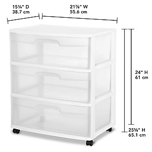 AtPRd Plastic Storage Drawer Cart, Medium Home Organization Storage Container with 3 Large Clear Drawers With Wheels (White)