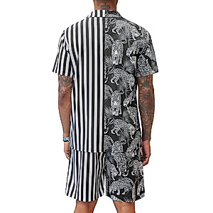 COOFANDY Men Striped Short Set Hawaiian Floral Short Sleeve Shirt Beach Set Outfits Black Leopard