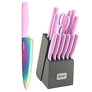 hecef 14 Pieces Knife Set with Block, Rainbow Titanium Knives Set with Laser Pattern, Martensitic Stainless Steel Chef Knife Set with Sharpener, Steak Knife, Scissors, Mothers Day Gift