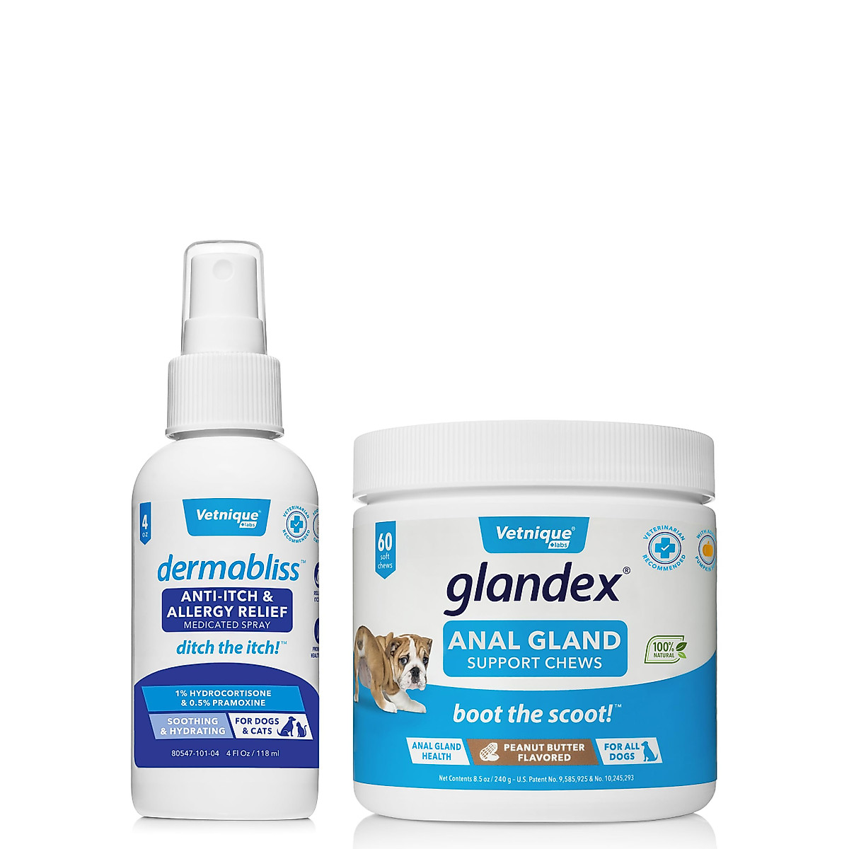 Dermabliss Anti-Itch & Allergy Relief Spray (4oz) and Glandex Anal Gland Support Chews 60ct Bundle Vet-Strength Anal Gland Dog Treats, Hydrocortisone Spray Itch Relief for Dogs