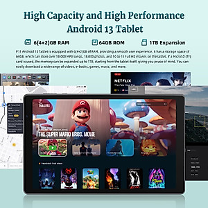 Lville Android 13 Tablet, Octa-Core Android Tablet, 10 inch Tablet, 6 (4+2) RAM 64GB ROM (1TB TF) Tablet Android with Bluetooth, WiFi, Fast Charging, Dual Camera (Gray)
