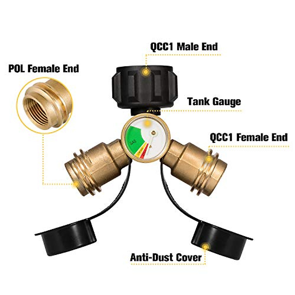 Kohree Propane Splitter, 2 Way Propane Tank Y Splitter Adapter with Gauge, LP Gas Tee Connector Adapter for 20lb Propane Cylinder, BBQ Grill, Gas Burner, Camping Stove, Heater, RV Camper