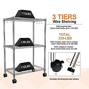 Storage Shelves, 3 Tier Shelf Adjustable Wire Shelving Unit, Sturdy Steel Metal Shelves Heavy Duty Shelving Rolling Cart with Casters for Garage, Kitchen, Living Room, Bathroom, 23.6L X 13.8W X 35.4H