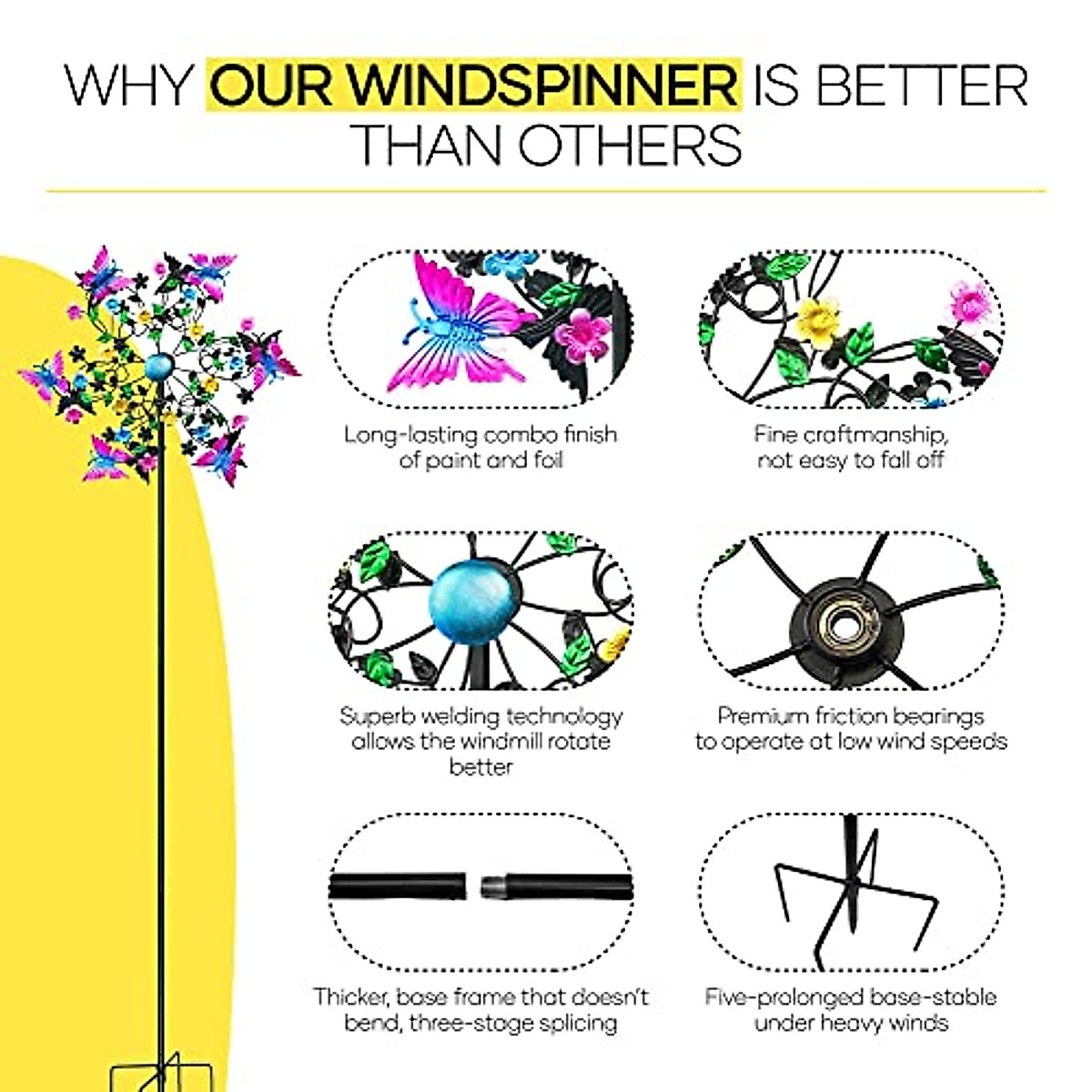 Ironic Wind Spinners with Willow Butterfly Including Colorful Metal Petals-Enhance Decoration of Yard and Gardens- Dual-Direction 60 Inches Height Spinner - Decor with Statues and Sculptures