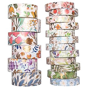 YUBBAEX Floral Gold Washi Tape Set VSCO Foil Masking Tape Decorative for Arts, DIY Crafts, Journal Supplies, Planners, Scrapbook, Card/Gift Wrapping -8/15mm- (Blooming 18 Rolls)