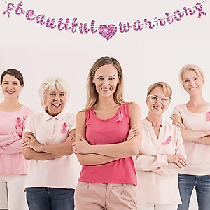 Beautiful Warrior Banner, Breast Cancer Awareness Party Decoration, Cancer Free Party Garland, Breast Cancer Pink Ribbon Sign Survivor Party Decoration Supplies - Pink Glitter