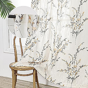 MYSKY HOME Yellow Curtains 84 Inch Length 2 Panels Set for Living Room Semi Sheer Curtains Bedroom Floral Printing Linen Look Drapes with Light Filtering Privacy Protect for Sliding Door, 50'' X 84''