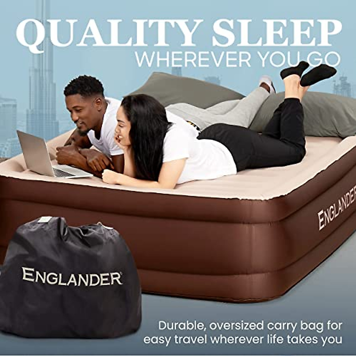 Englander Twin Air Mattress - Double High, 300 LB Capacity Luxury Camping Mattress with Built-in Pump, Microfiber, Waterproof