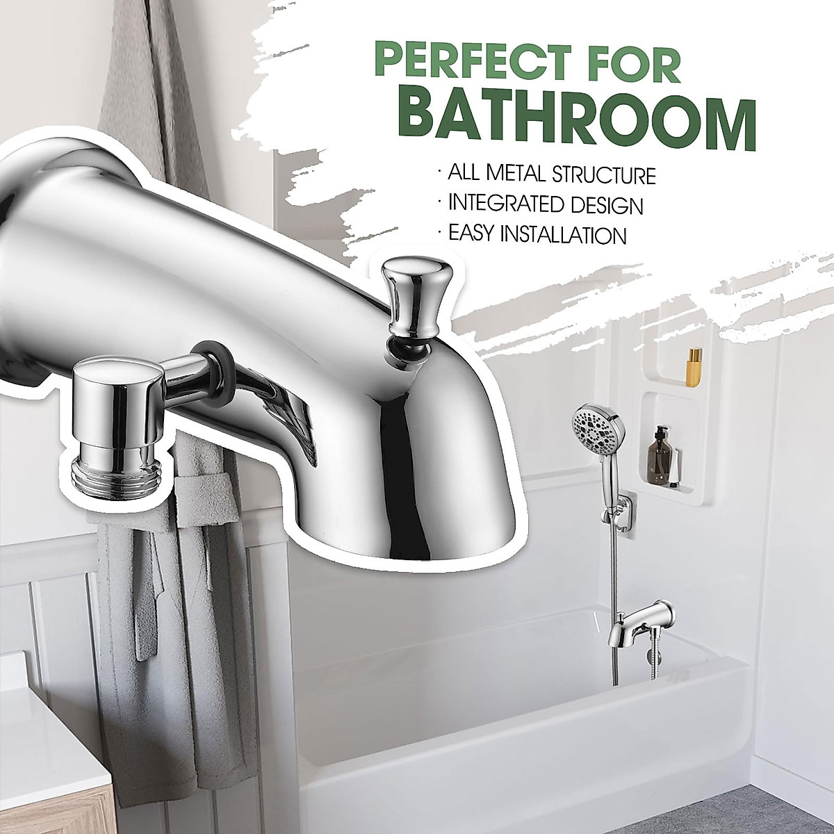 RAINREVIVE All Metal Tub Spout with Diverter for Hand Held Shower, Fits for Threaded 1/2" or 3/4" IPS, Bathtub Faucet with Shower Diverter Universal Tub Diverter Spout, Chrome