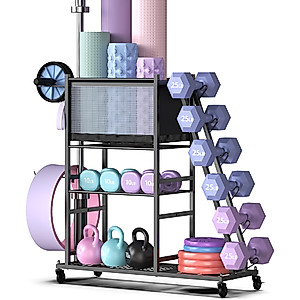 Mythinglogic Dumbbell Rack for Home Gym, Weight Rack for Dumbbells Hold up to 420 Pounds, Multifunctional Yoga Mat Holder for Barbell plates and Kettlebells, Home Gym Storage Rack Made of Steel
