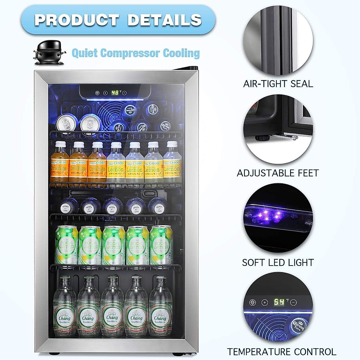 Antarctic Star Beverage Refrigerator Cooler -100 Can Mini Fridge Glass Door for Soda Beer or Wine Constant Glass Door Small Drink Dispenser Clear Front Door for Home, Bar 3.2cu.ft (Silver)