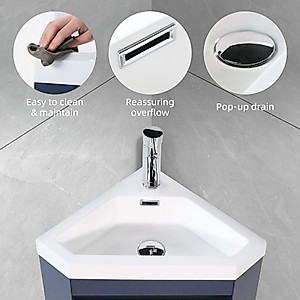 wonline 16" Corner Bathroom Vanity Sink Combo for Small Space Wall Mounted Cabinet Set Design Navy Resin Basin Sink Top Chrome Faucet and Drain