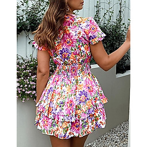 PRETTYGARDEN Women's 2024 Summer Swing Mini Dress V Neck Short Sleeve Ruffle Tiered Layer A-Line Short Bow Dress(Floral White,Large)