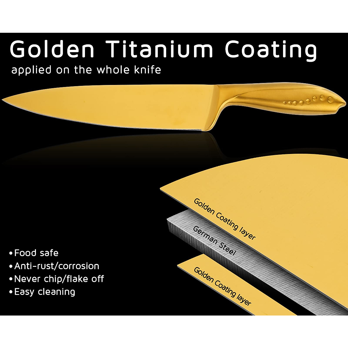 Golden Kitchen Knife Set 5 Piece WELLSTAR, Razor Sharp German Stainless Steel Blade and Ergonomic Handle with Gold Titanium Coated, Chef Carving Bread Utility Paring for Cutting and Peeling - Gift Box