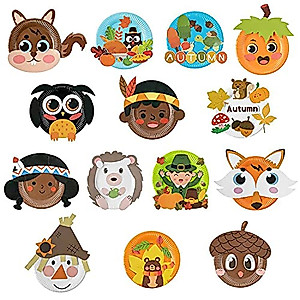 MALLMALL6 14pcs Autumn Paper Plate Art Kits Pumpkin DIY Craft Sticker Games Maple Leaf Acorn Early Learning Art Project for Toddler Preschool Activities Happy Fall Holiday Party Supplies for Boy Girl
