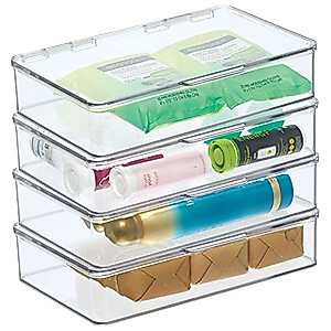 mDesign Plastic Stackable Storage Organizer Bin with Hinged Lid for Bathroom, Cabinet, Drawer, Under Sink, Shelf Organization Holds Medicine, Bath Essentials, Cleaning Supplies - 4 Pack - Clear