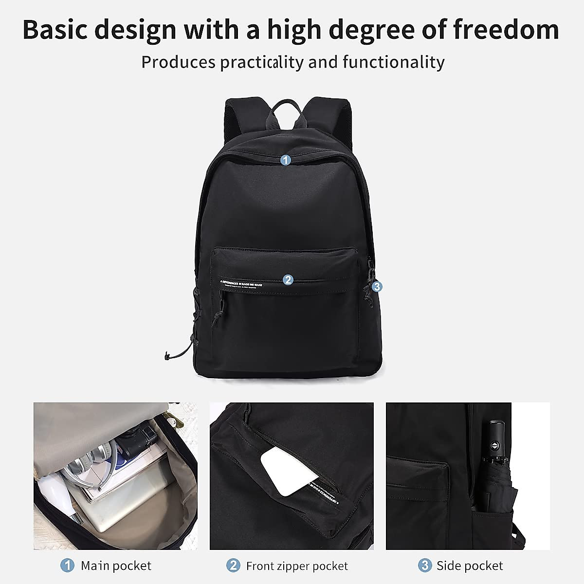 coowoz Black Bookbag School Backpack Waterproof College High School Bags For Boys Girls Lightweight Travel Rucksack Casual Daypack Laptop Backpacks For Men Women(Black)