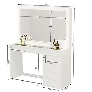Boahaus Serena LARGE Makeup Vanity with Hollywood Lights Built-in, 7 Drawers, Hollywood Mirror, Hairdryer Hanger, Glass Top, Crystal Ball Knobs, White Vanity Makeup Desk for Bedroom, 58''Hx47''Wx17''D