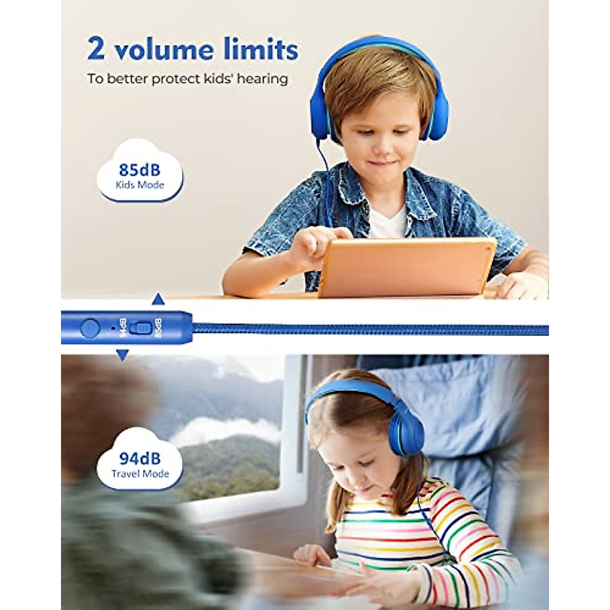 KLYLOP Kids Headphones with Microphone, Wired Headphone Over-Ear for Kids for School, 85/94dB Volume Limiter, Headphones for Kid with Share Function, Foldable Headset for iPad Kindle Fire