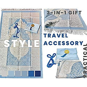 Islamic Prayer Mat, Turkish Prayer Rug with Pouch and Ornament Sealing, Portable Prayer Mat with Handy Pouch, Islamic Carpet Pad Ideal for Travelling (44"x26” with Free Tasbeeh) (Blue)