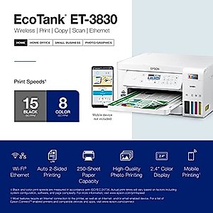 Epson EcoTank ET-3830 Wireless Color All-in-One Cartridge-Free Supertank Printer with Scan, Copy, Auto 2-sided Printing and Ethernet (Renewed),White