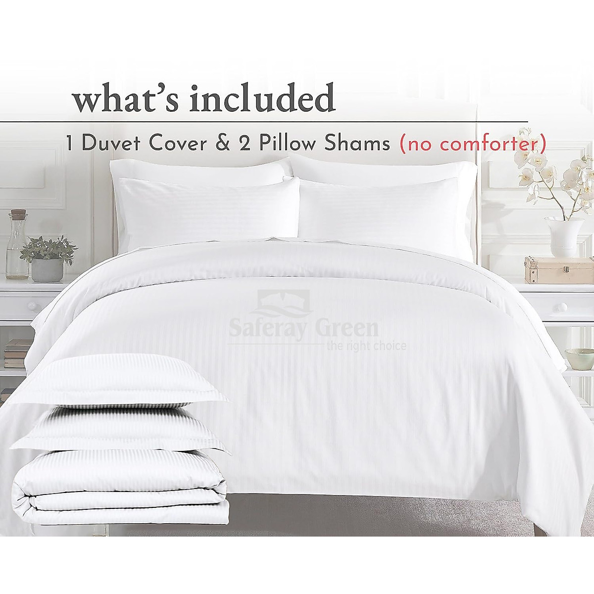 Saferay Green 100% Cotton Duvet Cover Set 120"x128" - Premium 600 Thread Count, Cooling Comforter Cover, Soft Sateen Weave, Zipper Closure and Corner Ties (Oversized King Plus, Stripe White,)
