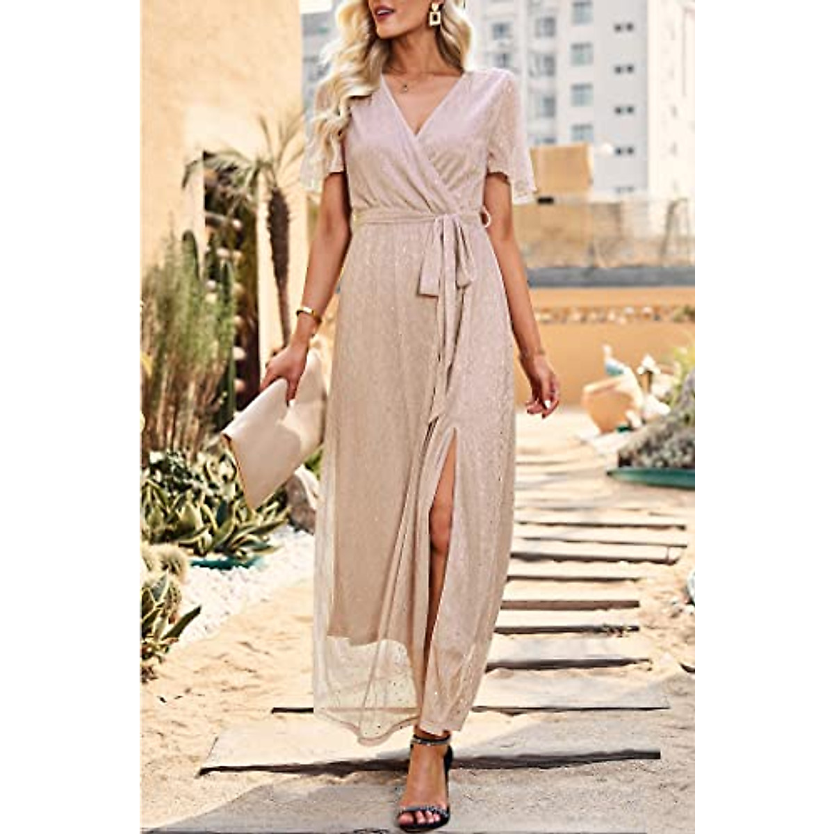 PRETTYGARDEN Women's Summer Maxi Glitter Dress Wrap V Neck Ruffle Sleeve Cocktail Party Long Dresses with Slit (Champagne,Large)