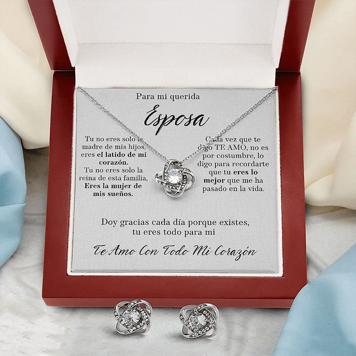 Regalo para Esposa Set de Aros y Collar El Amor De Mi Vida Regalo para Mujer Joya Collar Mensaje Personalizado Para Madre Joyería Para Mamá, Regalo Aniversario de Esposo Para Esposa Acabado Oro Blanco de 14 quilates (Luxury Box w/LED)
