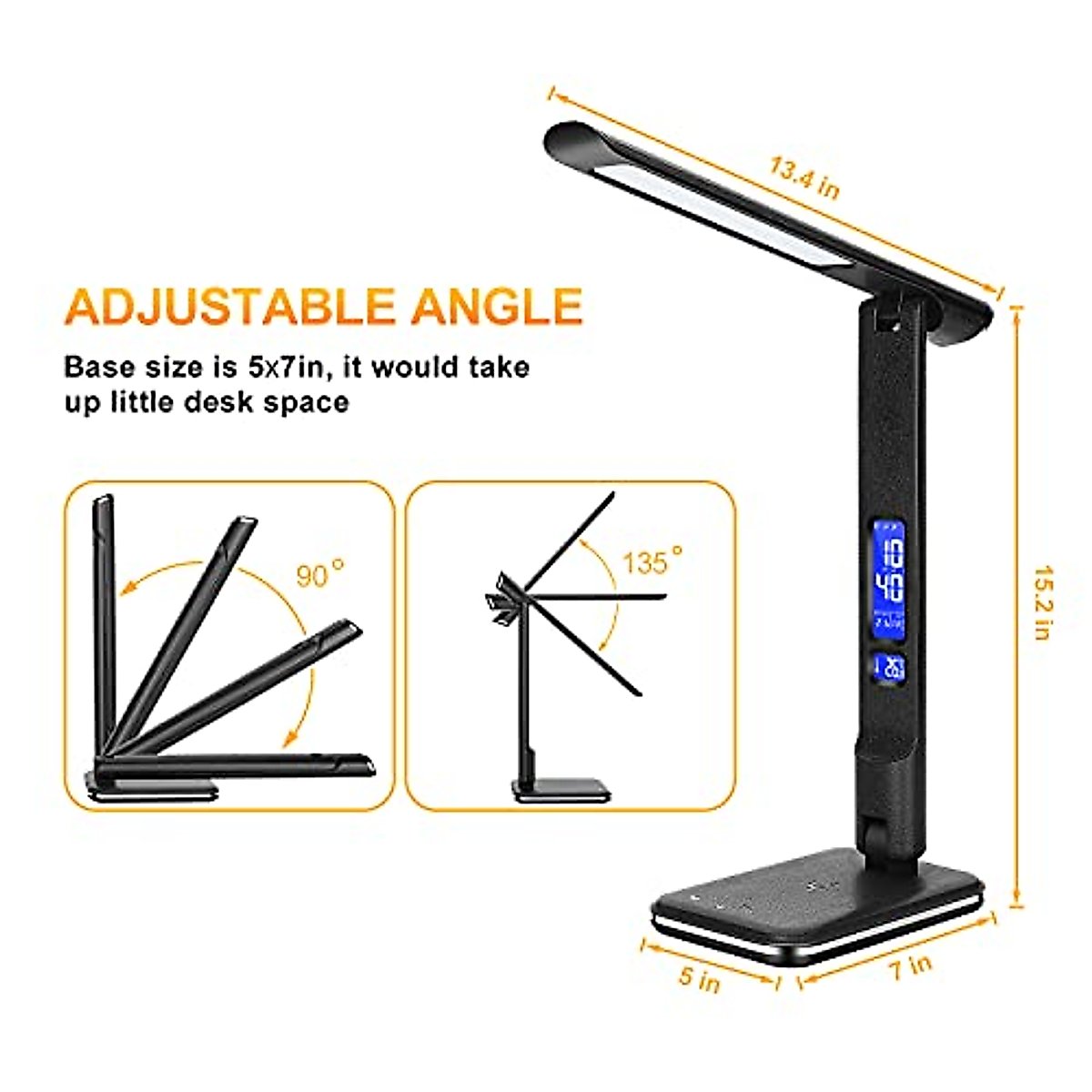 LED Desk Lamp with Wireless Charger, Foldable Touch Console Light, Date,Calendar,Temperature,Clock Display Function, 5-Level Dimmable Lighting, Suitable for Home Office, Reading, Work,study (Black)