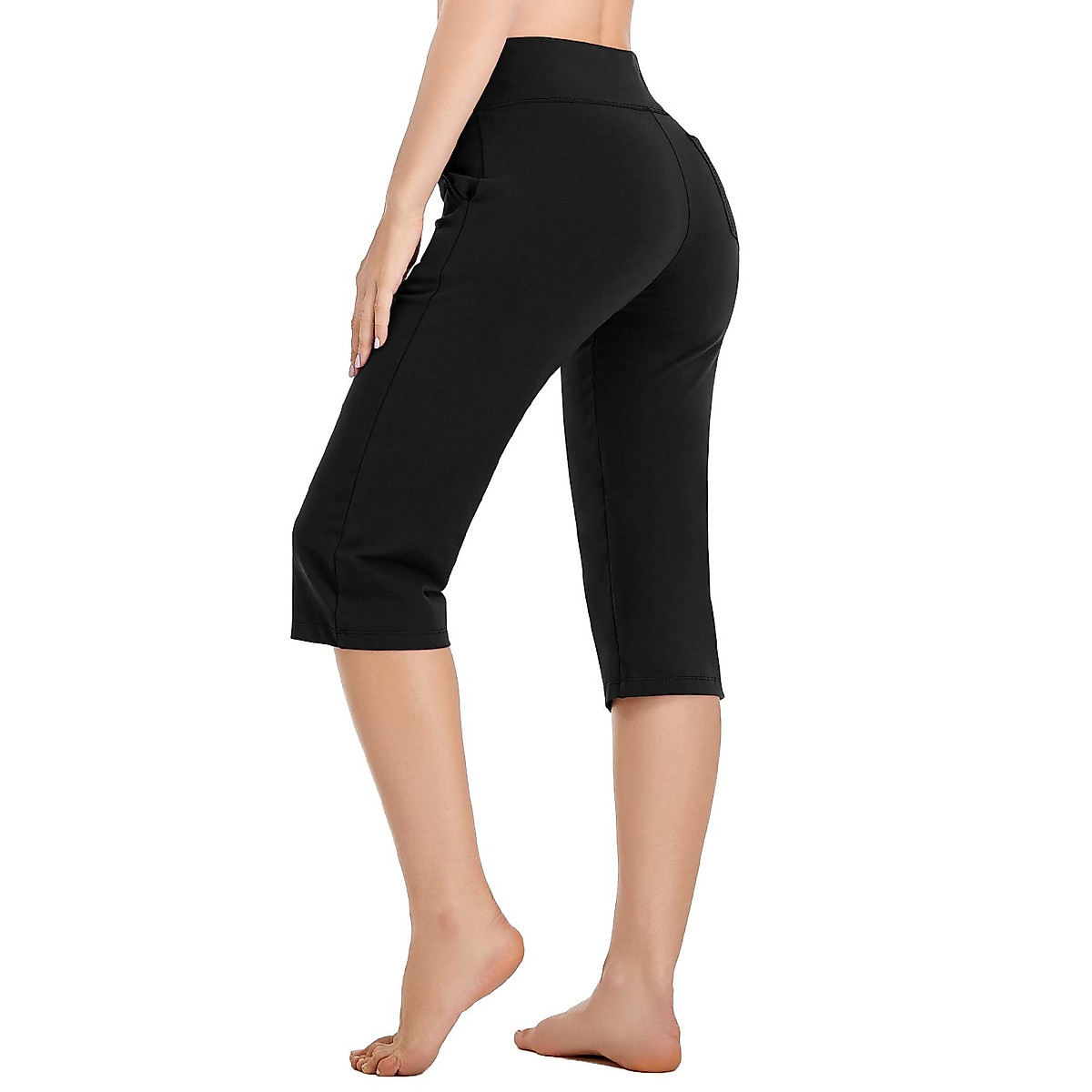 RIMLESS 7 Women's Capri Pants with Pockets Lounge Crop Yoga Pants Tummy Control Stretch Workout High Waist Athletic Pants P03-Black-L
