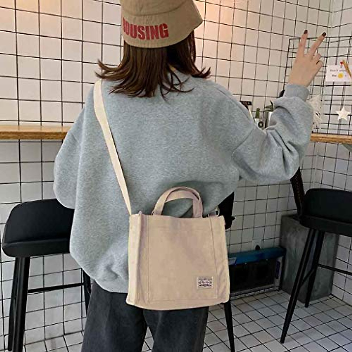 Qwent Shoulder Bags Women's Canvas Bag Corduroy Handbag Fashion Casual Shoulder Messenger Bag White