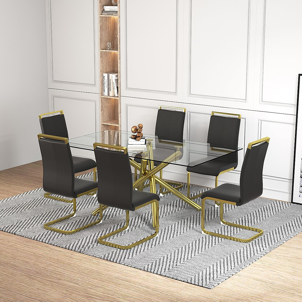 WEKEOT Modern 71’’ Dining Table Set for 6 Kitchen Table Set Kitchen Table and Chairs Tempered Glass Table and Chairs Dining Room Table Set comedor de 6 sillas y mesa(Golden Table, 6 Black Chairs)