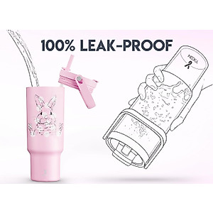 Meoky 40 oz Tumbler with Handle and Straw, Insulated Water Bottle, Stainless Steel Travel Mug, Keeps Cold for 34 Hours, 100% Leak Proof, Fits in Car Cup Holder (Bunny)