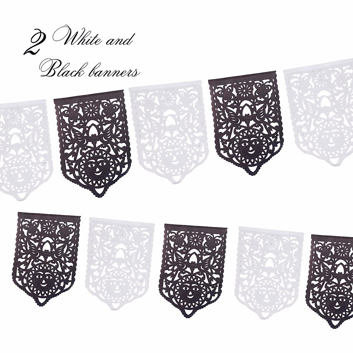 Black White Papel Picado Banners, Elegant Fiesta Decorations for Birthdays, Weddings, Bridal Showers, engagements, Paper Garland, Streamers, Bunting 2 Pack | Tissue Paper Flags