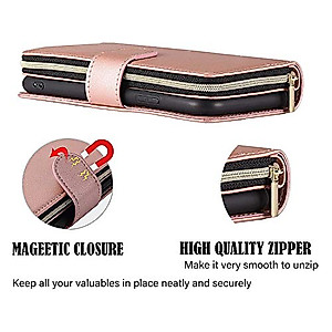 ZCDAYE Wallet Case for iPhone X Xs,Premium[Magnetic Closure][Zipper Pocket] Folio PU Leather Flip Case Cover with 9 Card Slots Kickstand for iPhone X/Xs 5.8"-Rose Gold