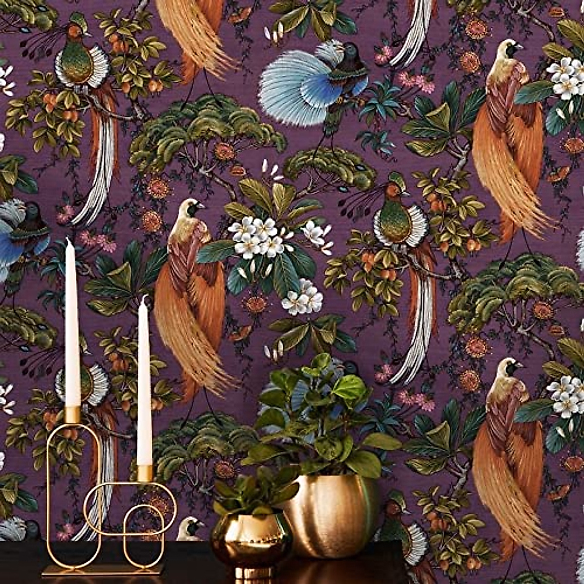 Holden Outside in Songbird Bird Theme Oriental Tropical Wallpaper Feature Wall Bedroom Livingroom Plum Deep Purple 13150