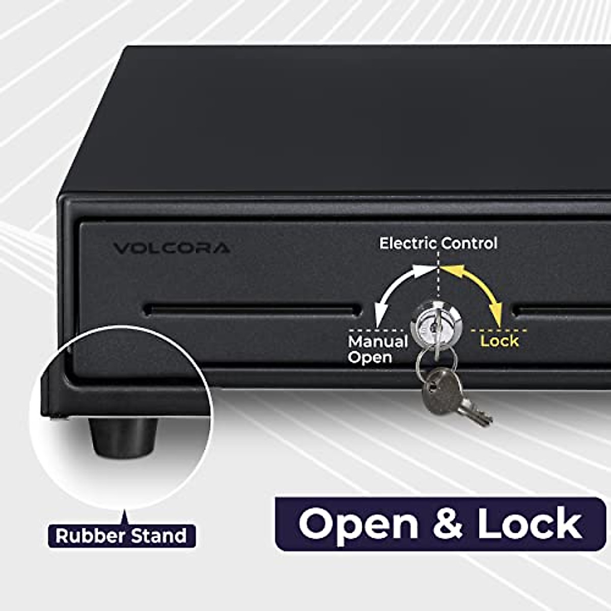 Volcora 13" Cash Register Drawer for Point of Sale (POS) System with Fully Removable 2 Tier Cash Tray, 4 Bill/5 Coin, 24V, RJ11/RJ12 Key-Lock, Double Media Slot, Small Square Money Drawer, Black