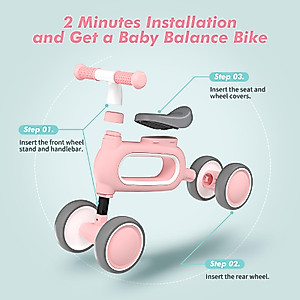 DRAMATION Baby Balance Bike for 1 Year Old Girls Gifts, 10-12 Months No Pedal Toddler Balance Bike with 4 Silence Wheels, 1st Birthday Gift, Ride On Toys for Boys Girls 1 Years Old, Pink