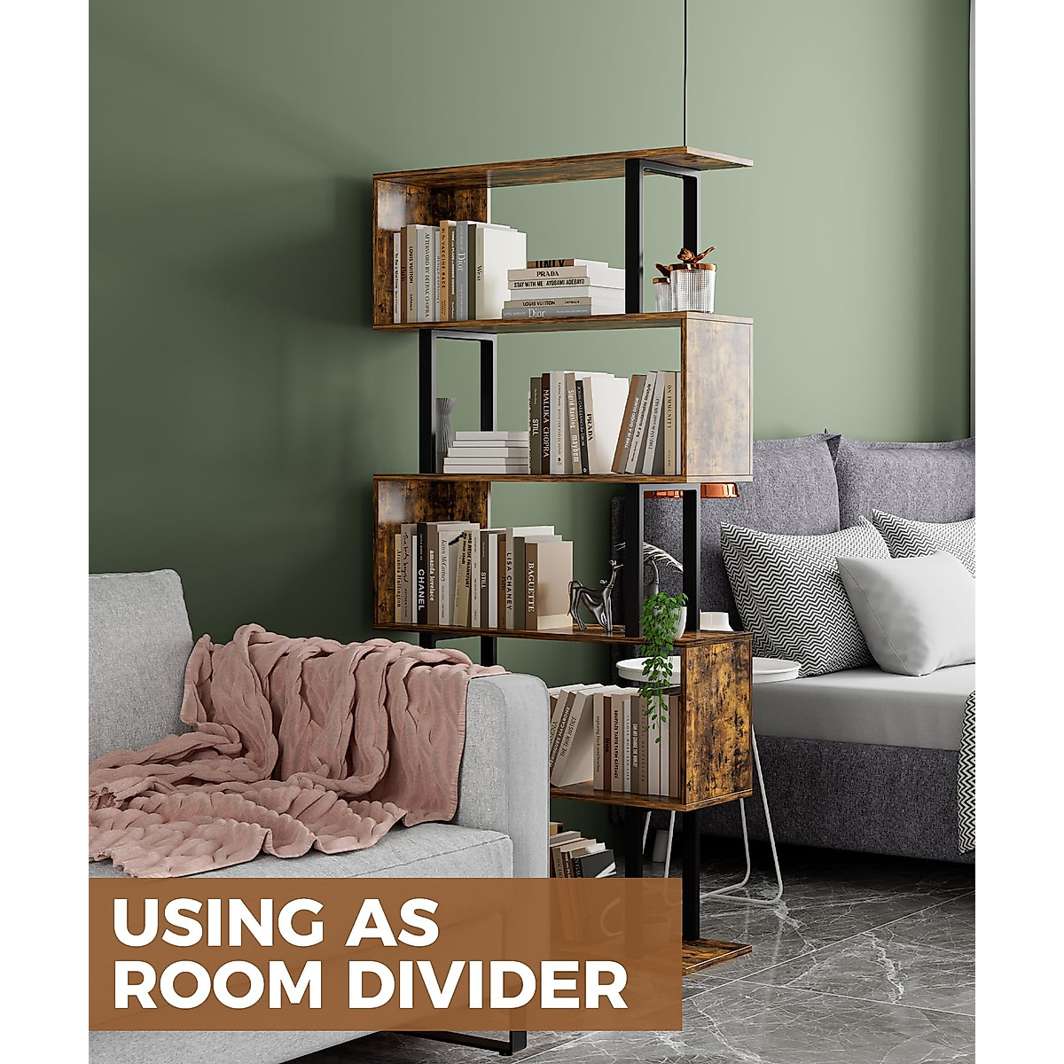 Gadroad 5-Tier Geometric Bookcase,S Shaped Bookshelf, Wood Decorative Storage Shelving, Modern Freestanding Display Shelves, Tall Book Shelf Unit for Living Room Bedroom, Rustic Brown