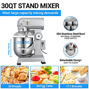 LEEVOT 30Qt 1250W Commercial Food Mixer, Commercial mixer 3-Speed Adjustable Heavy Duty Stand Mixer with Stainless Steel Bowl for Bakery Pizzeria.