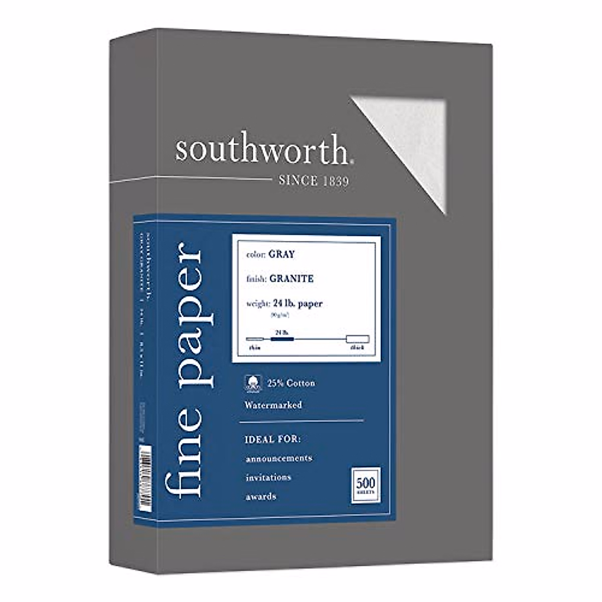Southworth Granite Specialty Paper, Gray, 24lb, 8 1/2 x 11, 25% Cotton, 500 Sheets