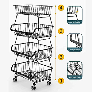 Multi-Tier Vegetable Storage Rack, Movable Stackable Fruit Vegetable Shelf, for Kitchen, Pantry, Bathroom, Garage, Living Room,4 Tier
