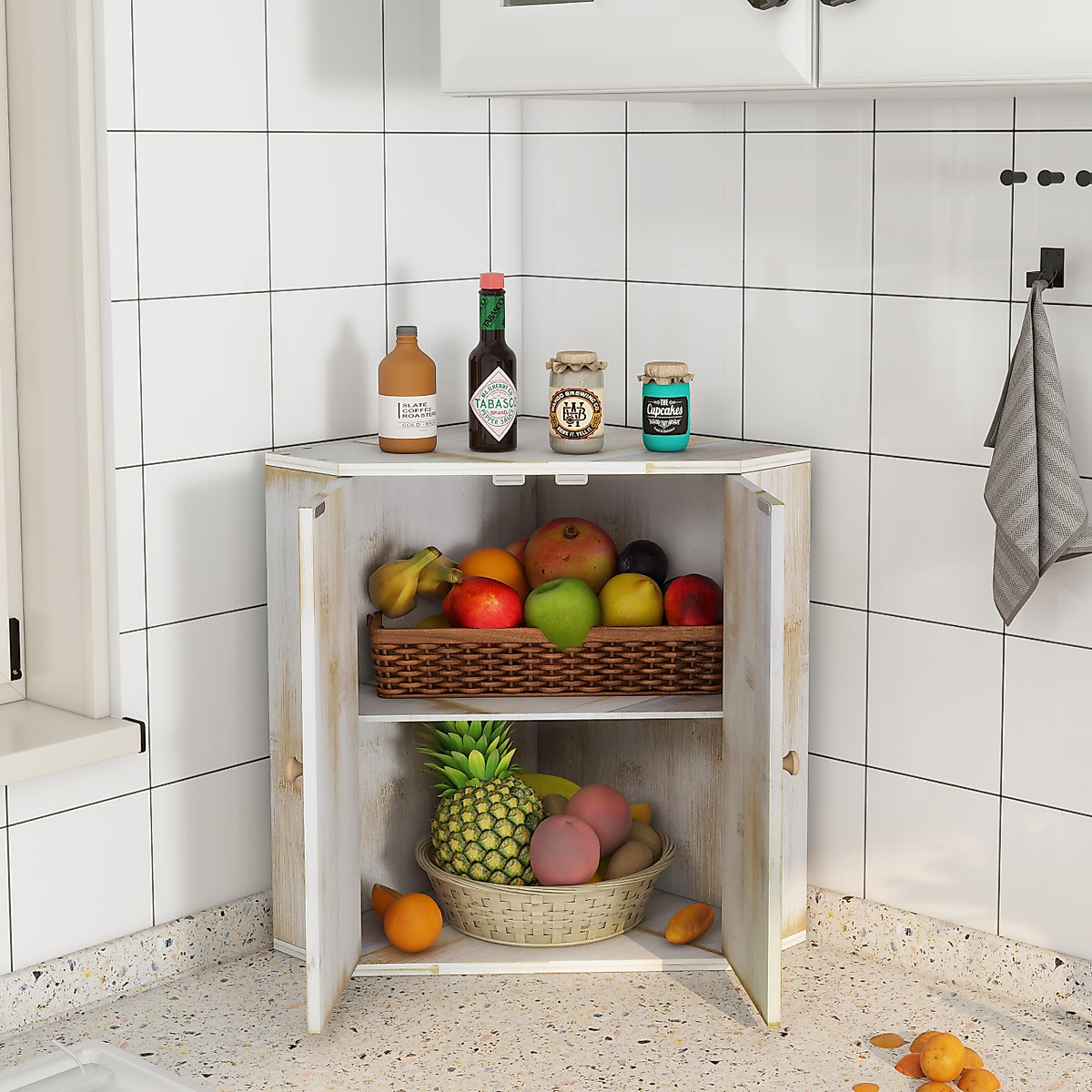 Trironsun Corner Bread Box for Kitchen Counter Double Layer Bamboo Bread Storage Container Large Capacity Bread Storage Bin Farmhouse Breadbox Organizer (Antique White)