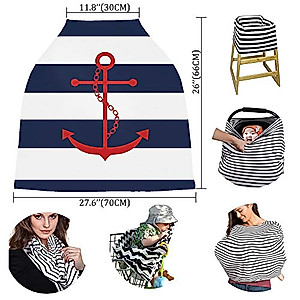 Baby Nursing Covers for Breastfeeding, Baby Car Seat Canopy Covers Scarf for Boys Girls, Nautical Anchor Stripes Canopy, Stretchy Soft Breathable Poncho Infant Stroller Cover, Navy Blue and Red