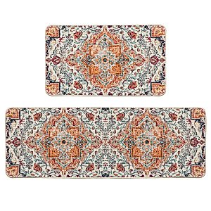 Artoid Mode Orange Flowers Bohemia Kitchen Mats Set of 2, Daily Boho Home Decor Low-Profile Kitchen Rugs for Floor - 17x29 and 17x47 Inch