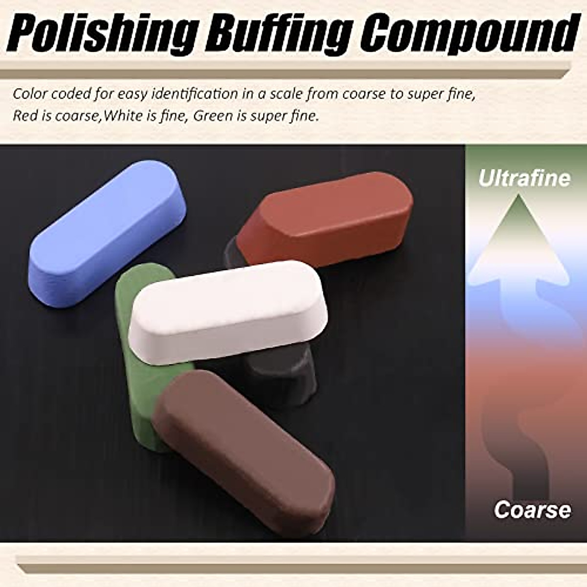 Wokape 10Pcs 100g Polishing Buffing Compound Kit, Including 1Pcs White Diamond, 2Pcs Red Rouge, 2Pcs Black Emery, 1Pcs Brown Tripoli, All Purpose 2Pcs Blue with 1Pcs General Green Compounds