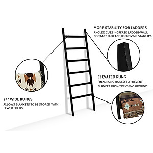 FUIN 6.4ft Extra Wide Wooden Blanket Ladder Living Room Decorative Wal Leaning Farmhouse Quilt Display Holder Rustic Wood Towel Rack for Bathroom, Black, 24 inch Wide