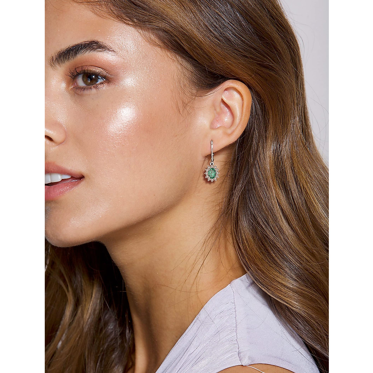 YL Women's Dangle Drop Earrings Sterling Silver Halo Princess Diana Leverback Earrings Created Emerald Jewelry